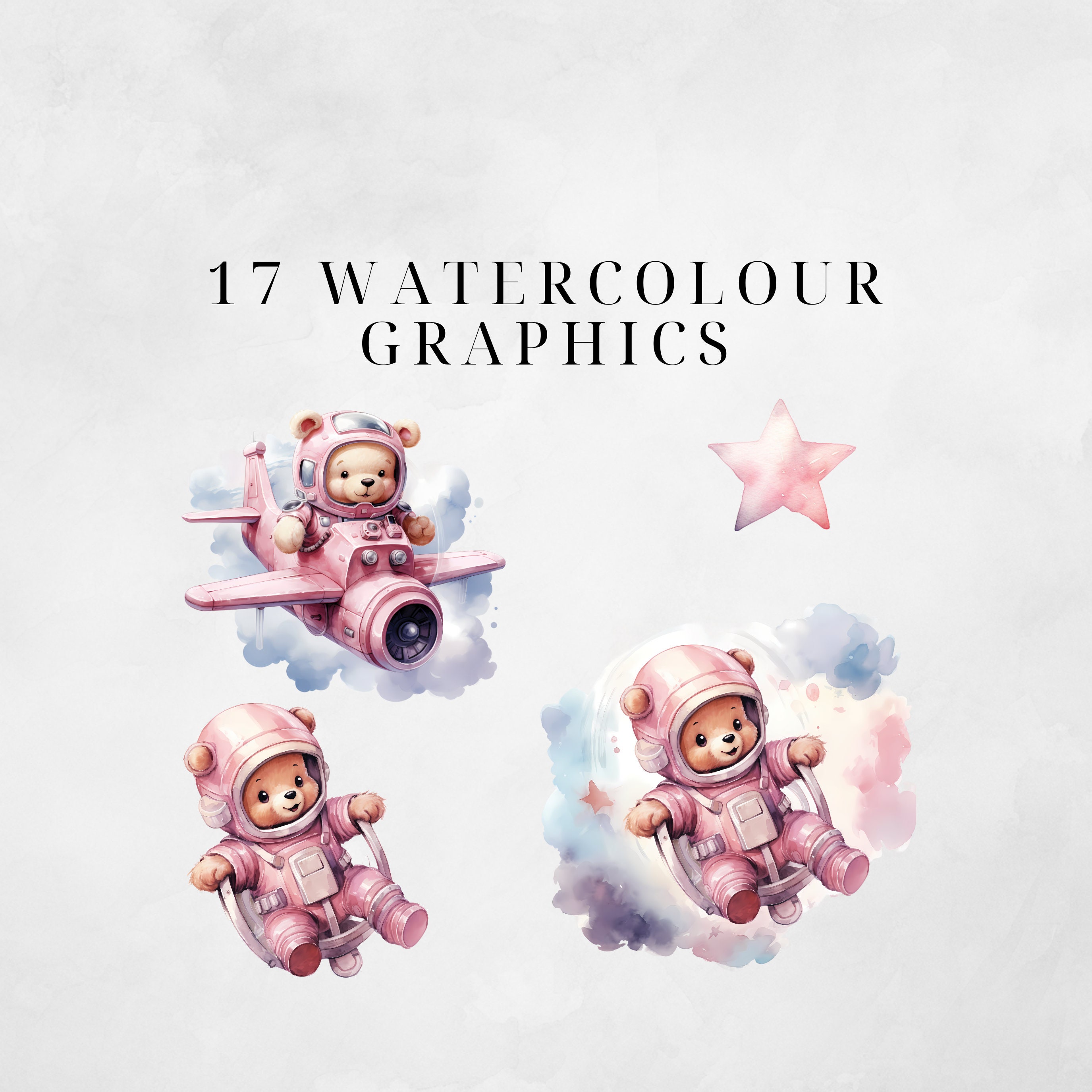 Pastel Pink Teddy Bear Bear in Space Watercolor Clipart, Rocket Ship ...