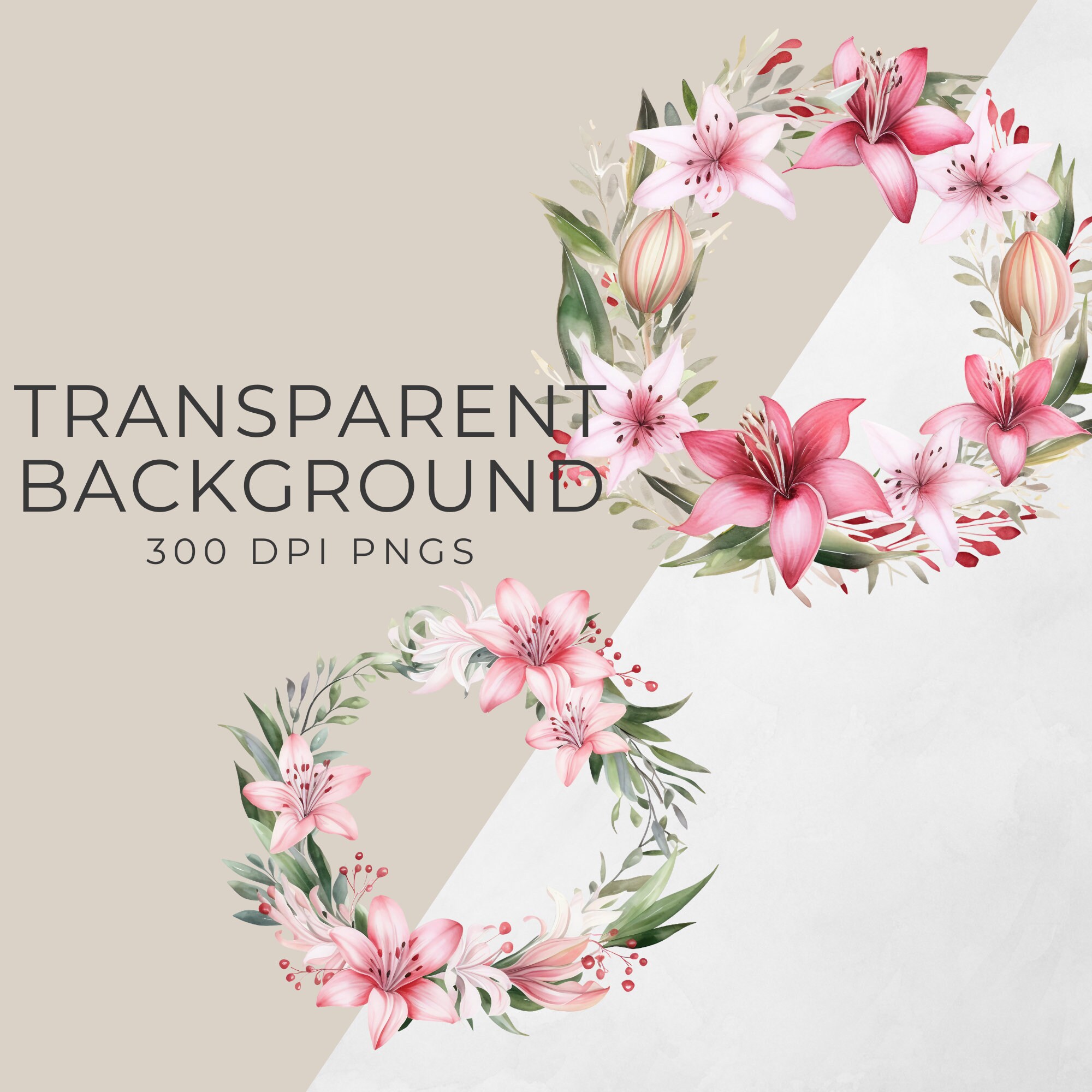 Pink Watercolor Lily Wedding Clipart, Floral Watercolor Wreaths, White ...