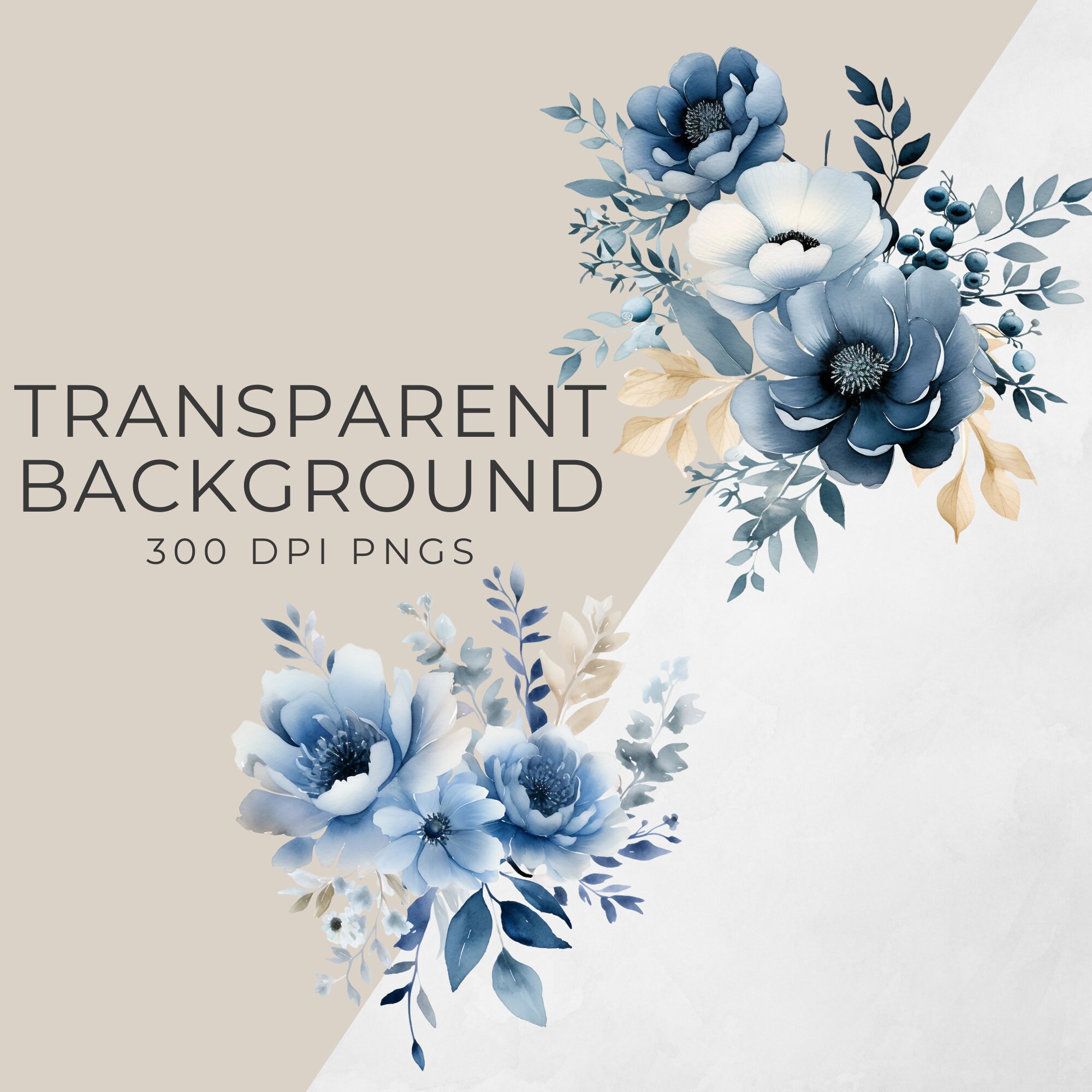 Dusty Blue Wedding Clipart, Blue Watercolor Flowers PNG, Invitation ...