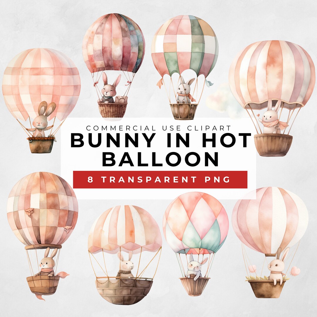 Bunnies Flying in Hot Air Balloons PNG, Pastel Pink Easter Bunny ...