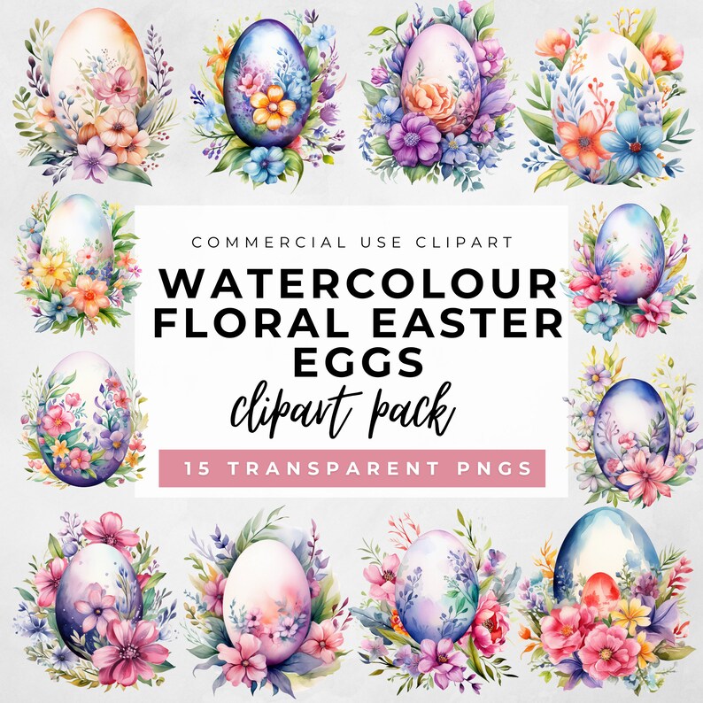 Colourful Watercolour Floral Easter Egg Bundle, Clipart for Commercial ...