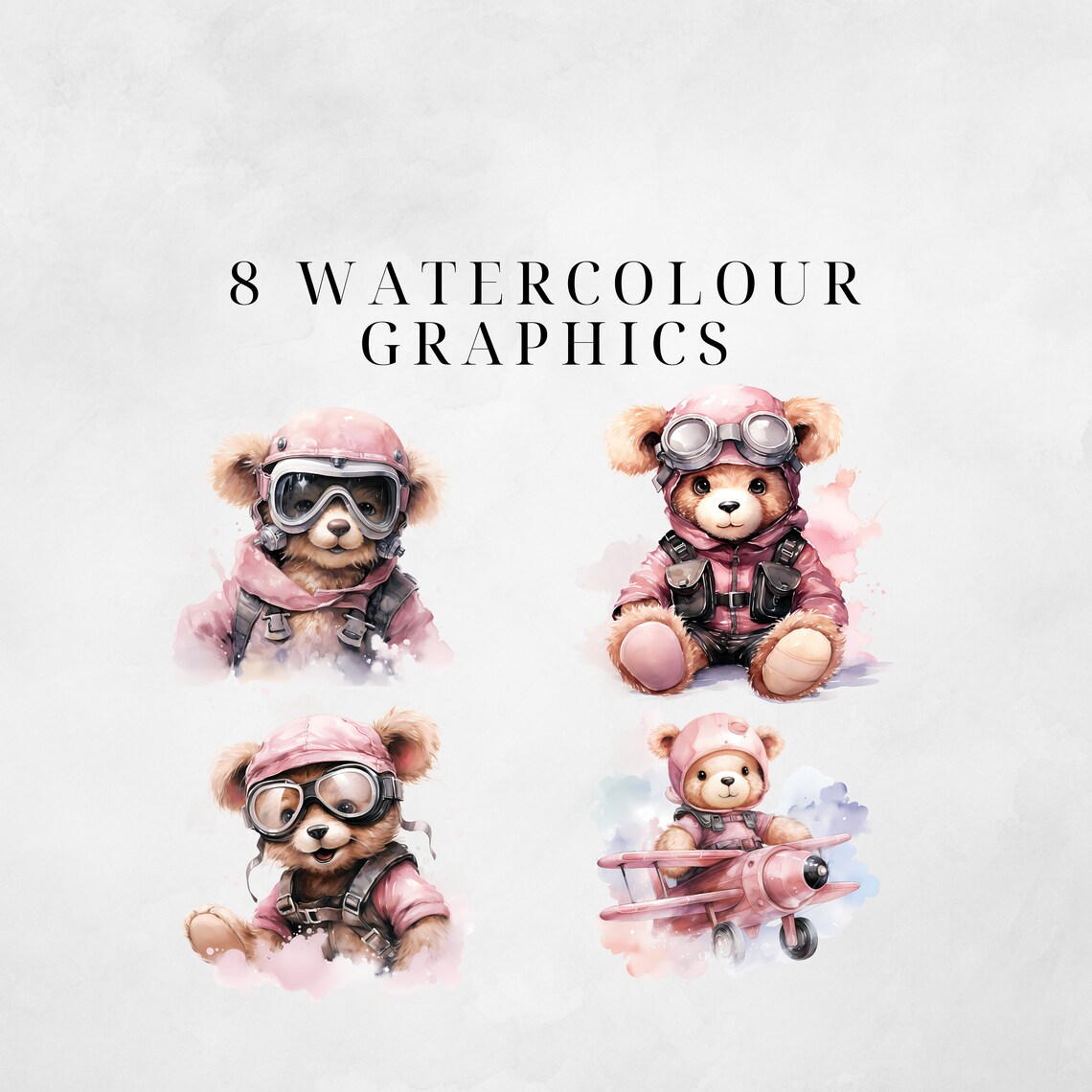 Pastel Pink Aviation Bear Watercolor Clipart, Airplane Baby Shower ...