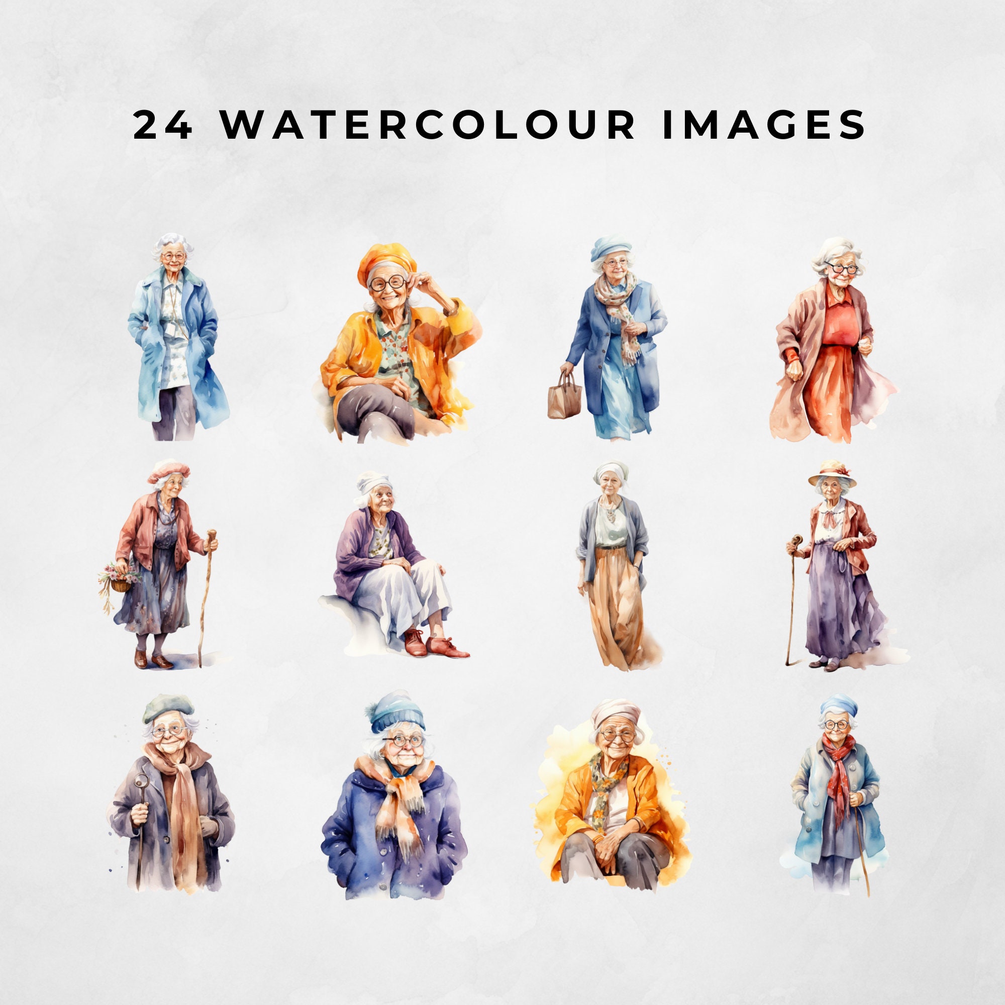 Watercolor Old Ladies Clipart Bundle, Cheerful Old Lady PNG, Commercial ...