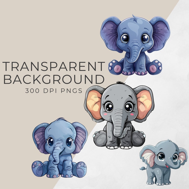 Cute Baby Elephant Clipart Bundle, 4 PNG Files of Adorable PNG Designs ...