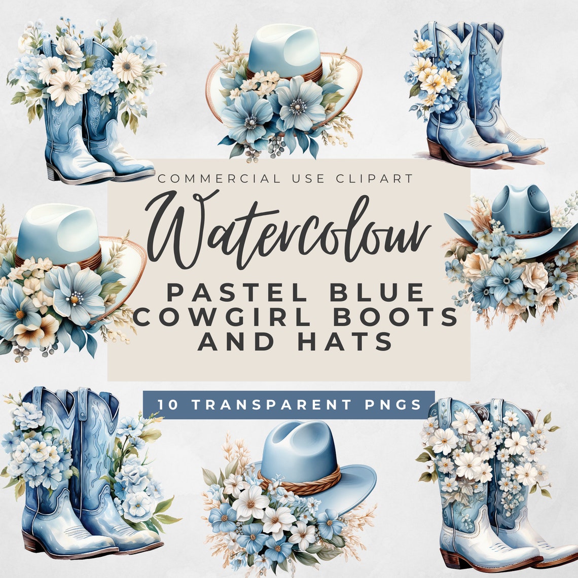 Pastel Blue Western Watercolour Cowgirl Hat, Flower Boot Clipart ...