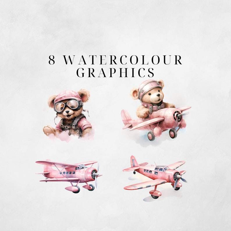 Pastel Pink Aviation Bear Watercolor Clipart, Airplane Baby Shower ...