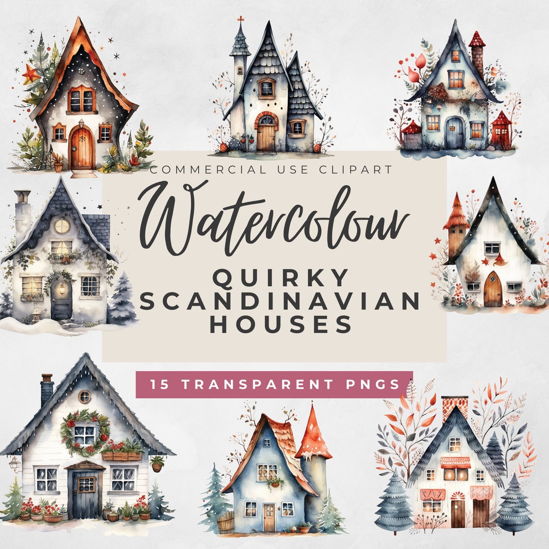 Winter Town Clipart,quirky House Bundle,nordic Christmas Watercolor ...
