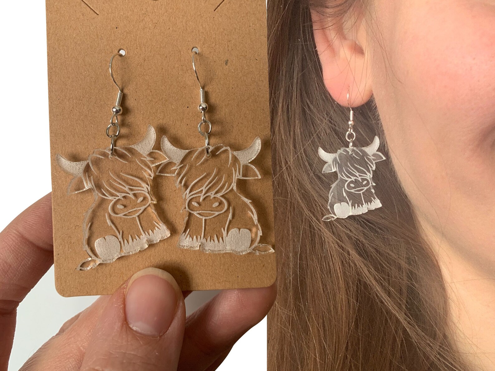 Highland Cow Earrings Sterling Silver and Clear Acrylic Fluffly Cow ...