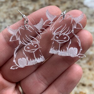 Highland Cow Earrings Sterling Silver and Clear Acrylic Fluffly Cow ...