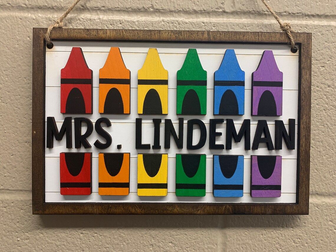 Personalized Teacher Rainbow Crayon Wood Door Sign Custom - Etsy