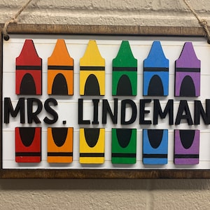 Personalized Teacher Rainbow Crayon Wood Door Sign | Custom Teacher ...