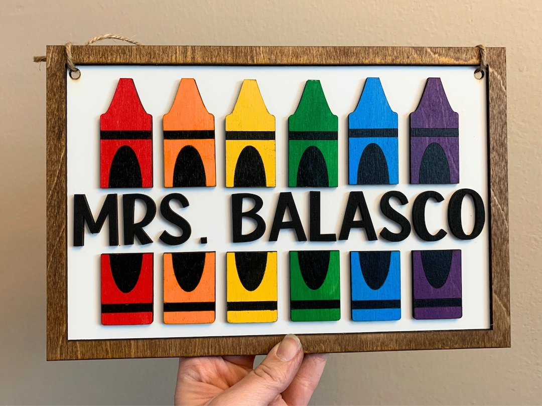Personalized Teacher Rainbow Crayon Wood Door Sign | Custom Teacher ...