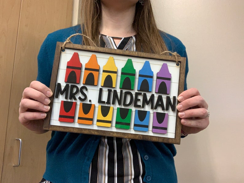 Personalized Teacher Rainbow Crayon Wood Door Sign Custom - Etsy