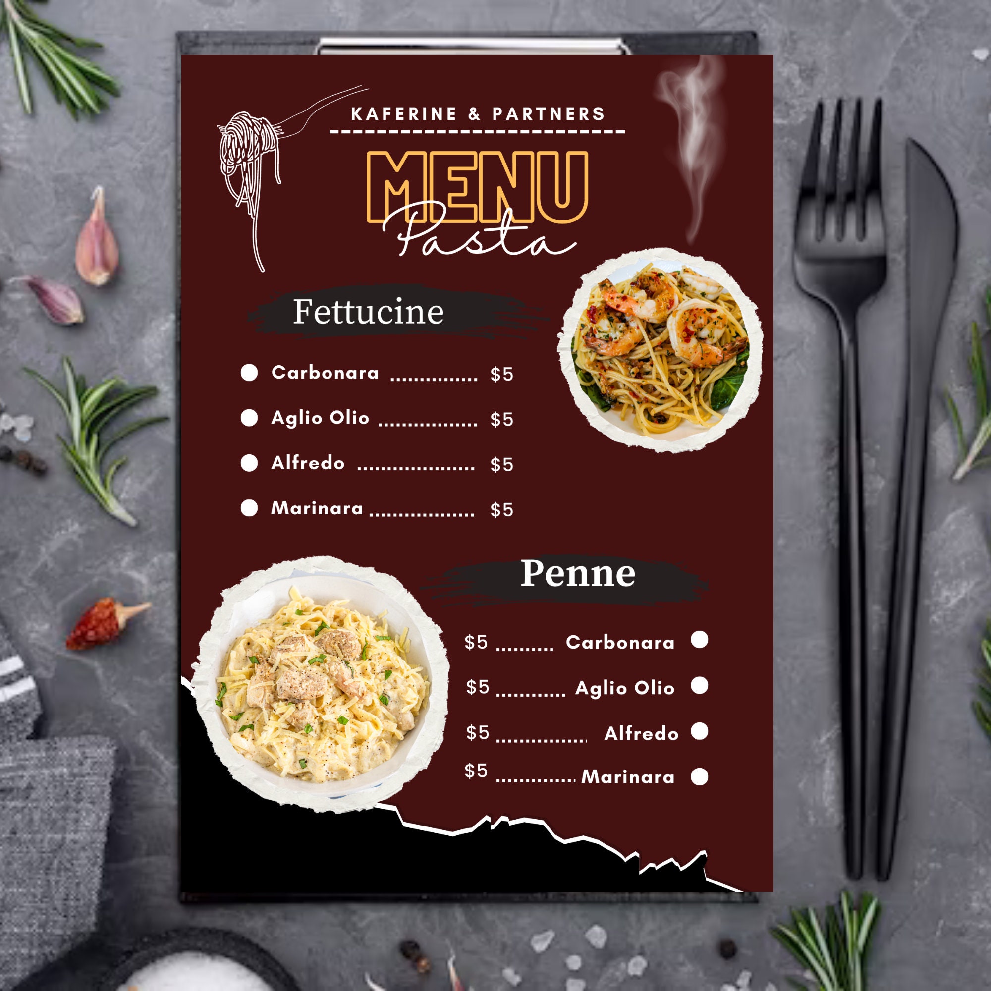 Modern Pasta Restaurant Menu Template Editable & Printable Elegant ...