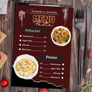 Modern Pasta Restaurant Menu Template Editable & Printable Elegant ...