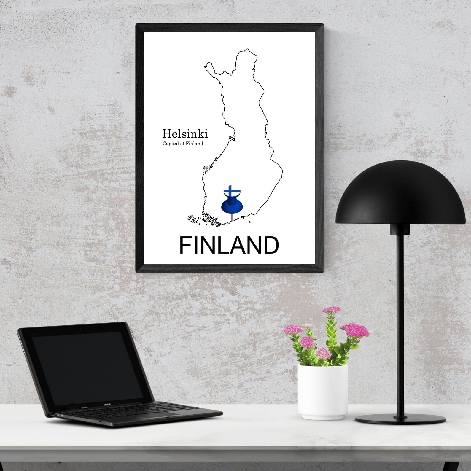 Finland Digital Print Map Capital City Helsinki Pin With Finnish Flag ...