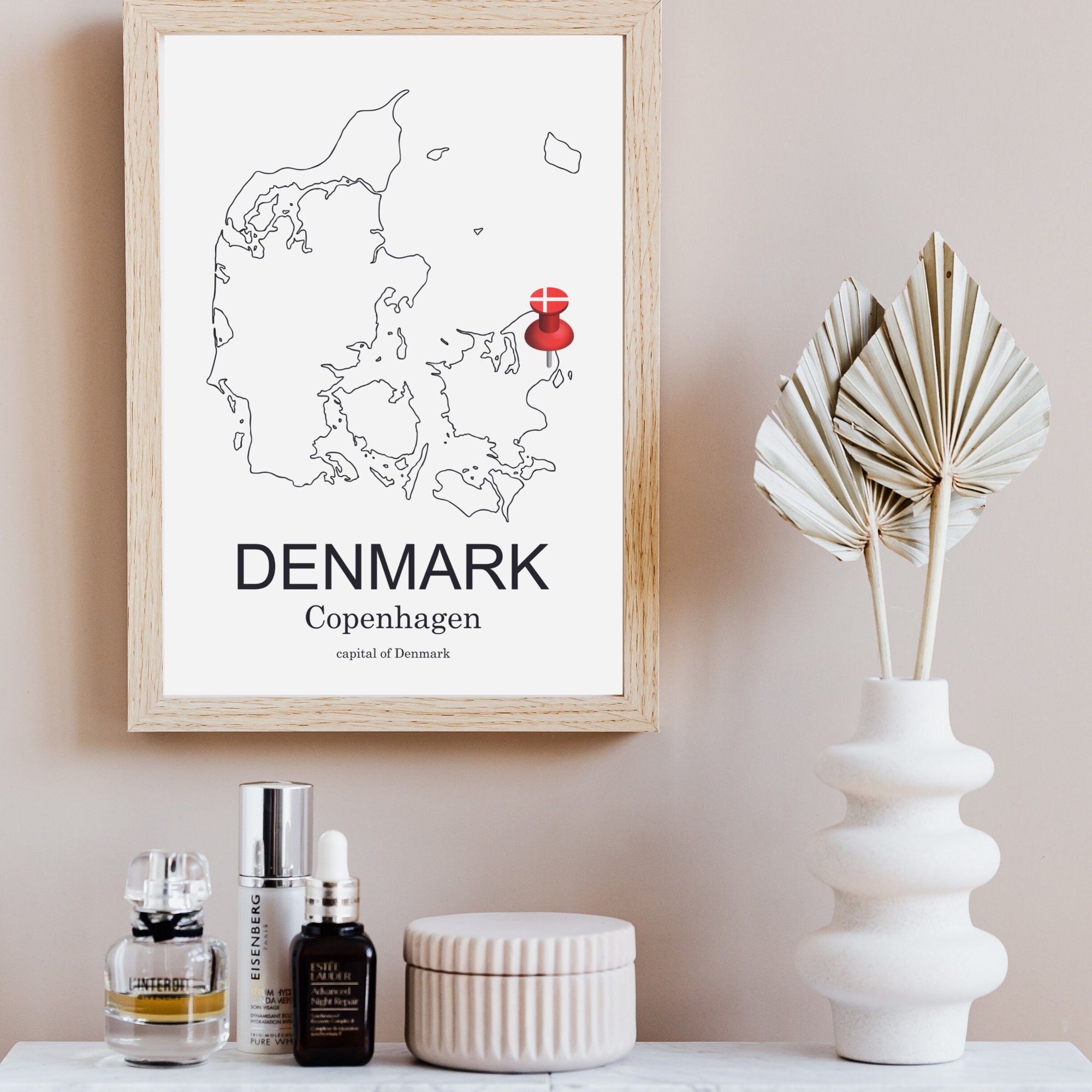 Denmark Digital Print Map | Capital City | Copenhagen | Pin With Danish ...