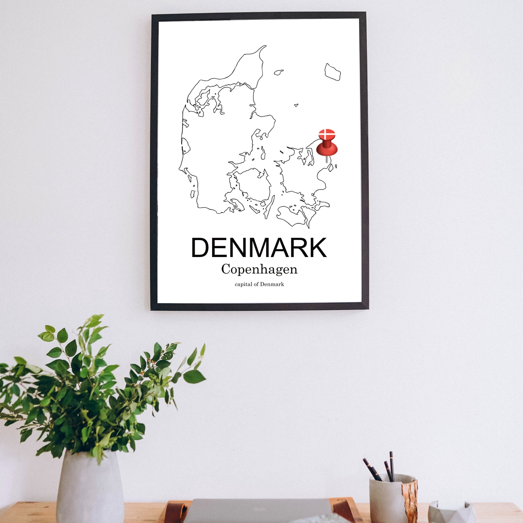 Denmark Digital Print Map | Capital City | Copenhagen | Pin With Danish ...
