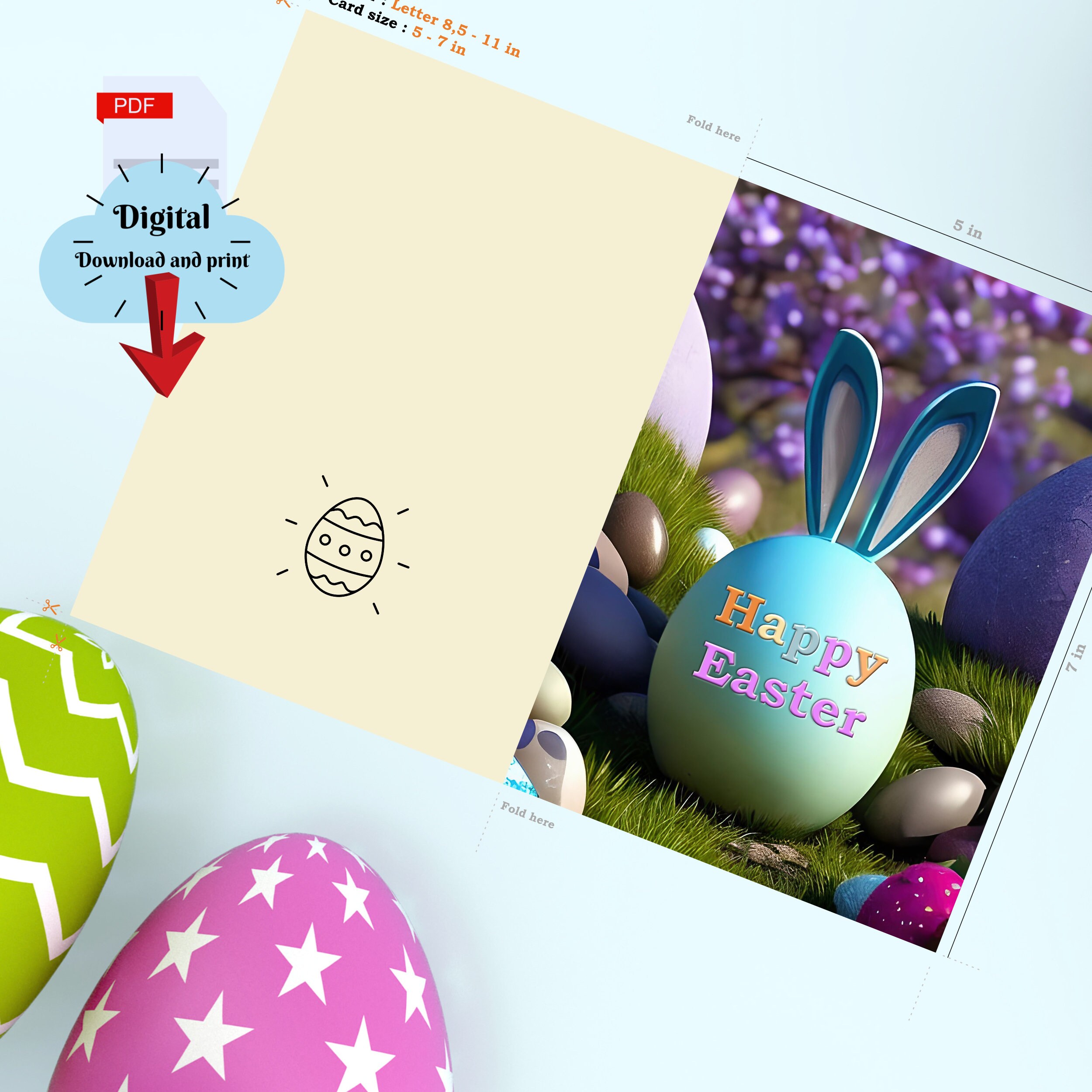 Printable Easter, Bunny Greeting Card, Cute Bunny Card, Rabbit Kids Easter Card, Easter Card ...