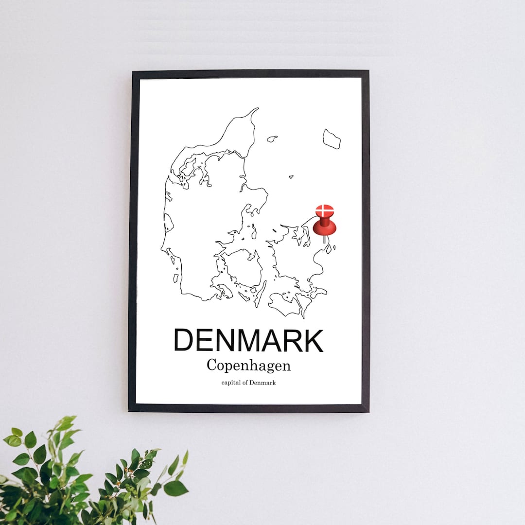 Denmark Digital Print Map | Capital City | Copenhagen | Pin With Danish ...