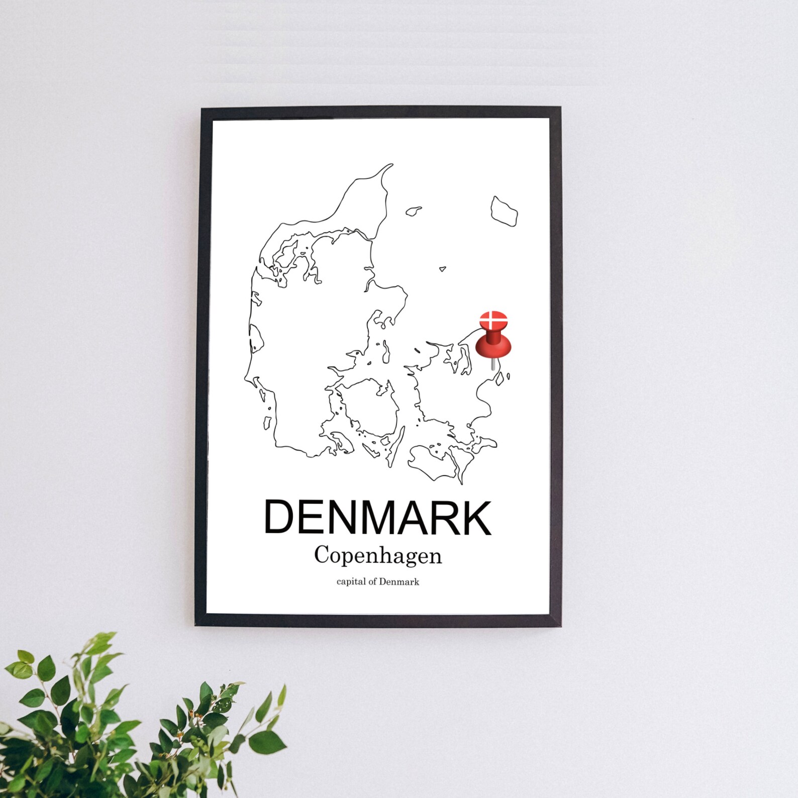 Denmark Digital Print Map | Capital City | Copenhagen | Pin With Danish ...