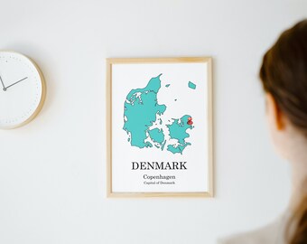 Denmark Digital Print Map | Capital City | Copenhagen | Pin With Danish ...