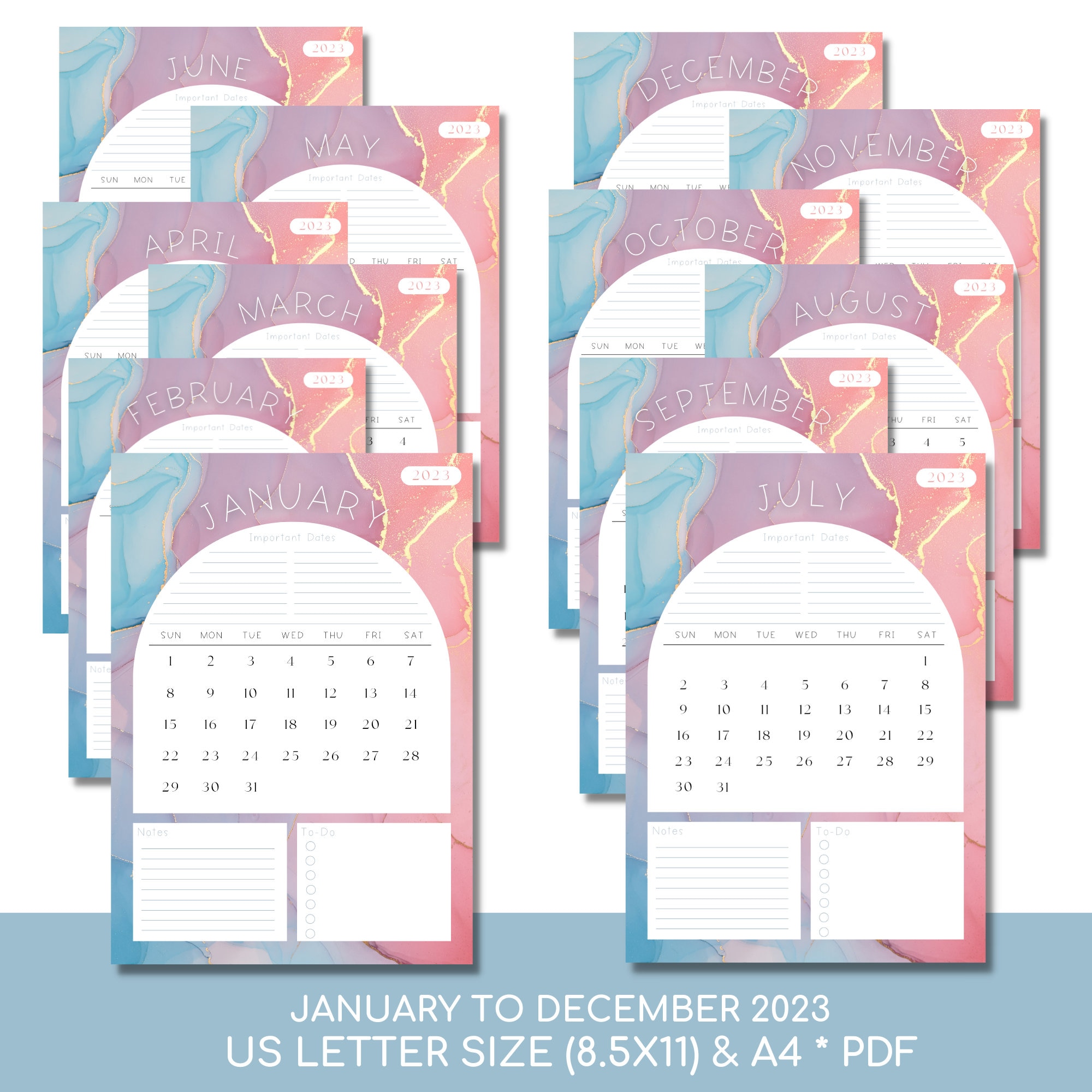Instant Download - 2023 Monthly Calendar With Watercolor - Notes, To-do ...