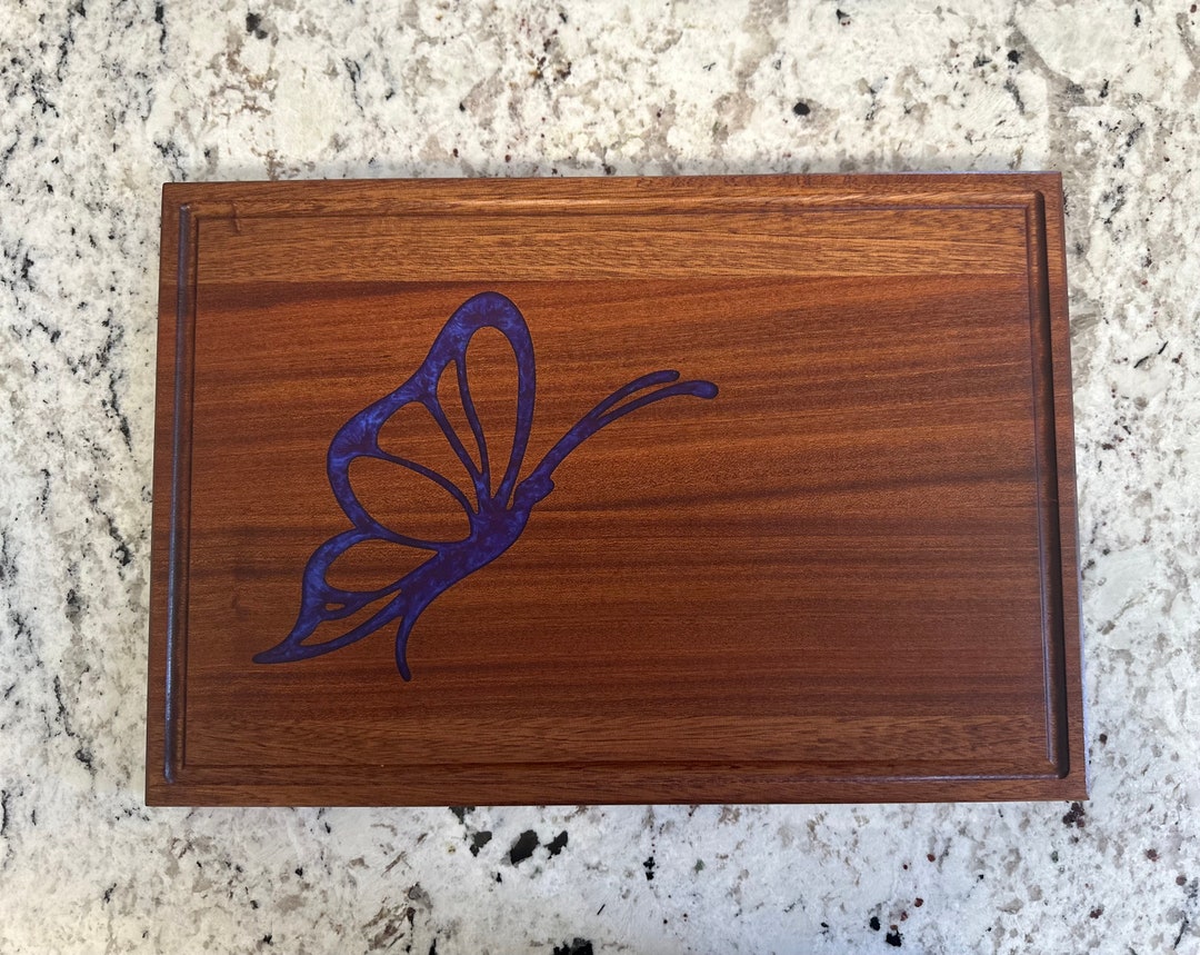 Cutting Board, Purple Butterfly Inlay, Exotic Wood, Epoxy Inlay, Wood ...