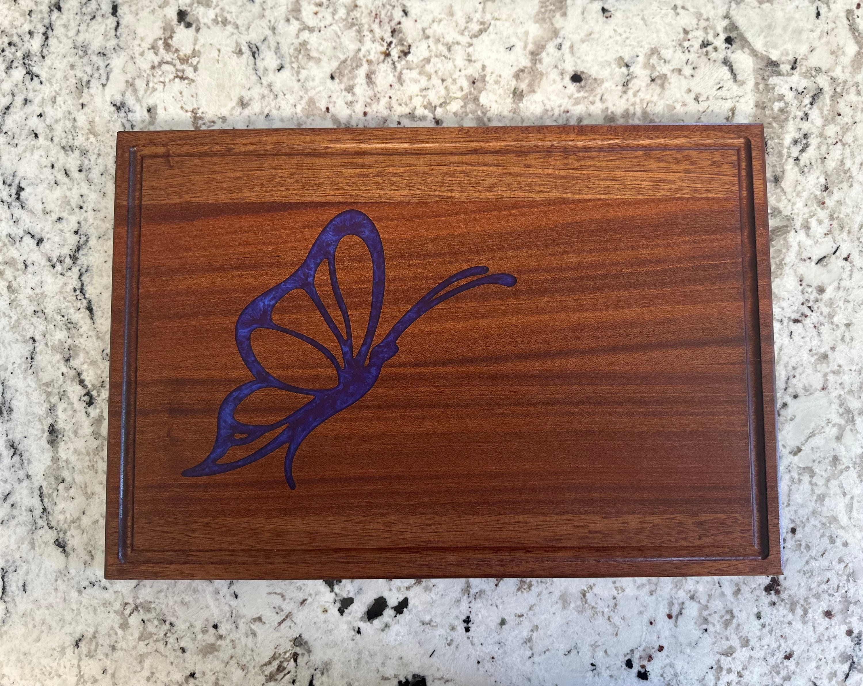 Cutting Board, Purple Butterfly Inlay, Exotic Wood, Epoxy Inlay, Wood ...