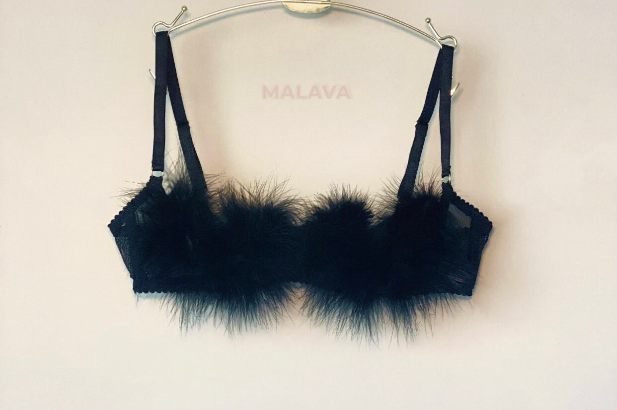 Black Feathers Bra and Black Feathered High-waisted High Leg Cut Semi ...