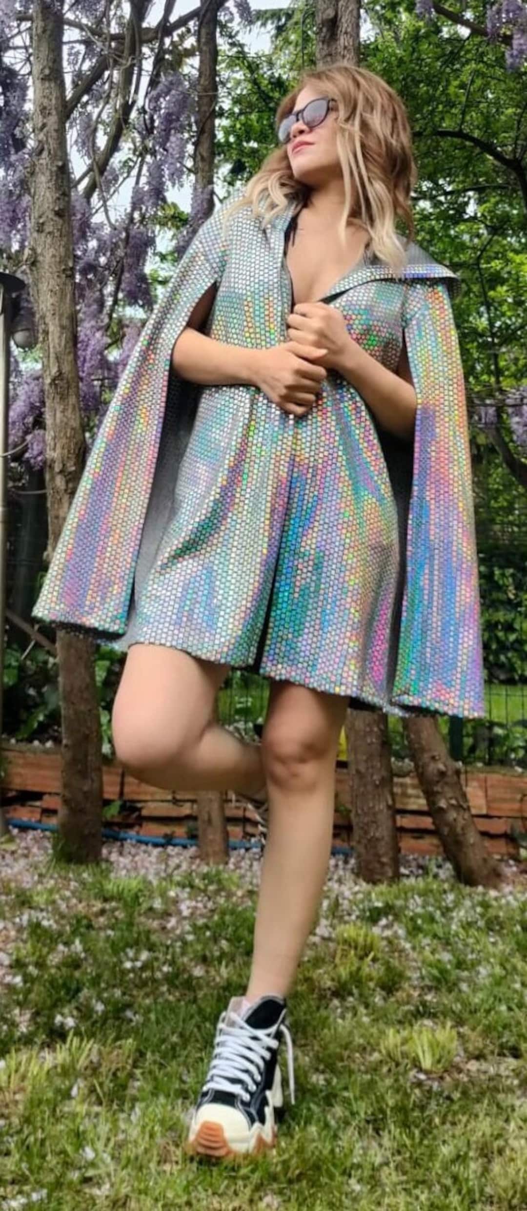 Unisex Holographic Sequin Cape Style Rave Outfit Iridescent Sparkle ...