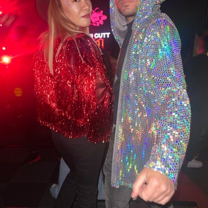 Tinsel Fringe Jacket Sparkly Red 70s 80s 90s Style Iridescent Festival ...