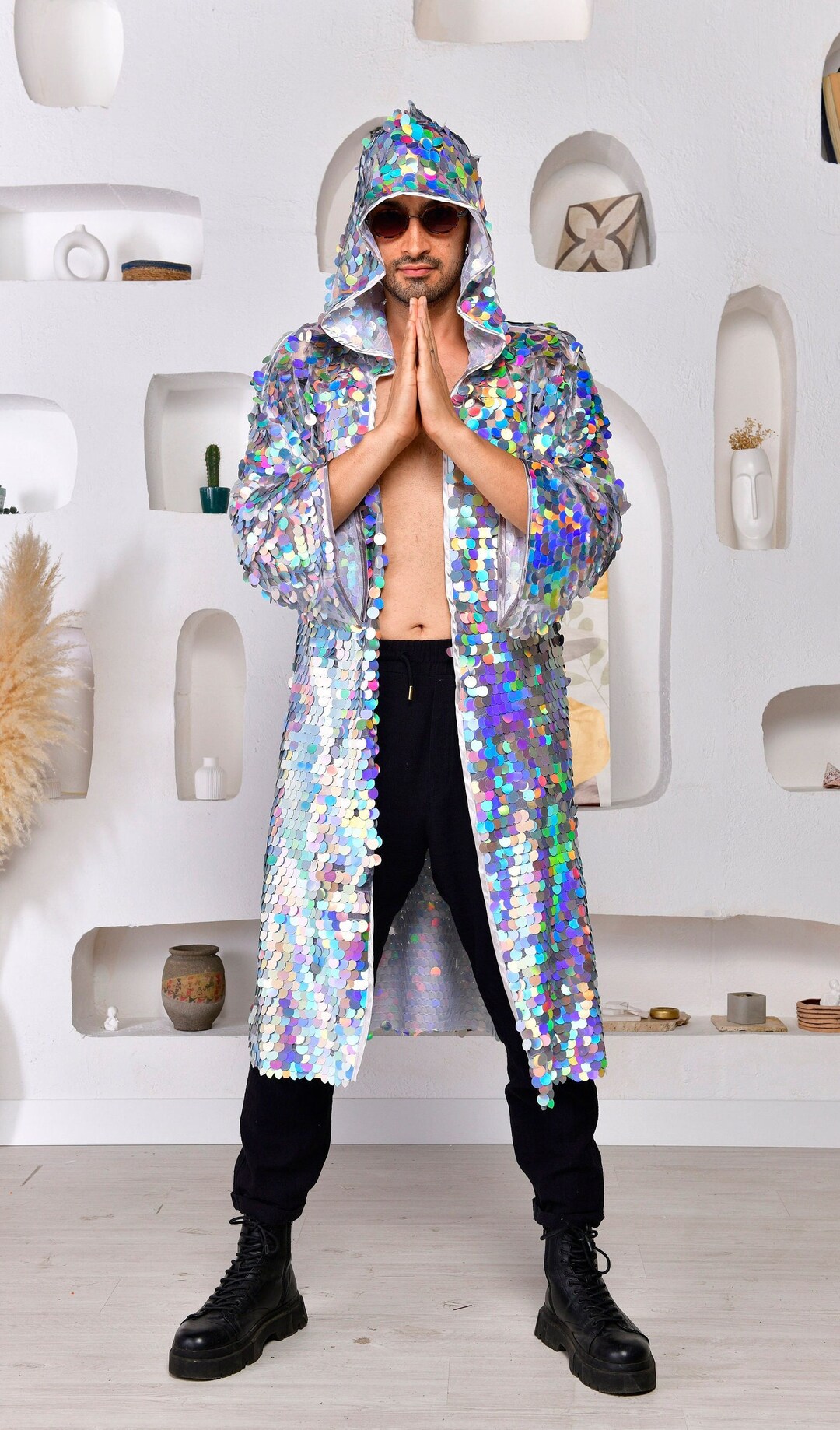 Unisex Holographic Round Sequin Kimono Rave Festival Outfit Iridescent ...