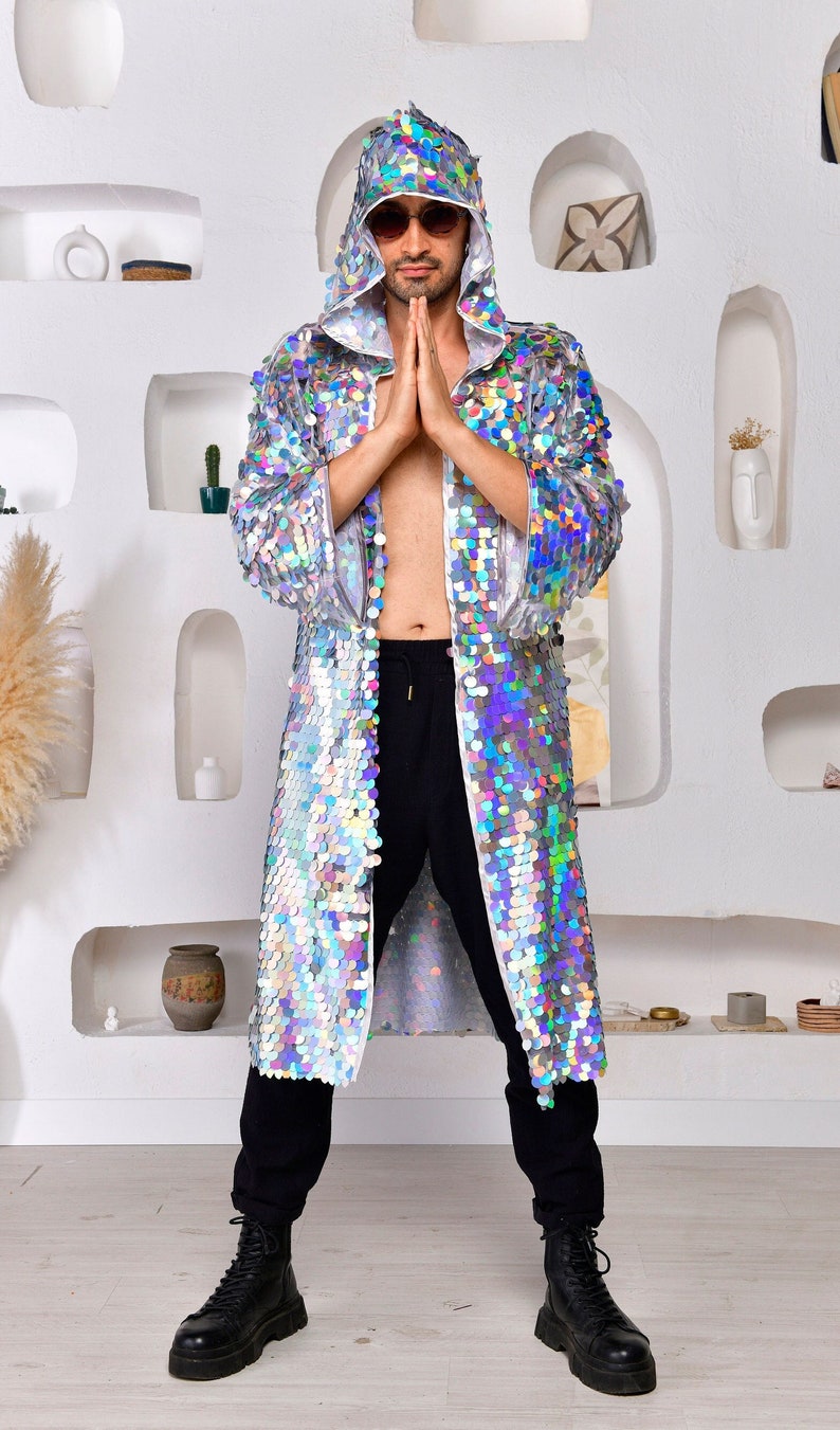 Unisex Holographic Round Sequin Kimono Rave Festival Outfit Iridescent ...