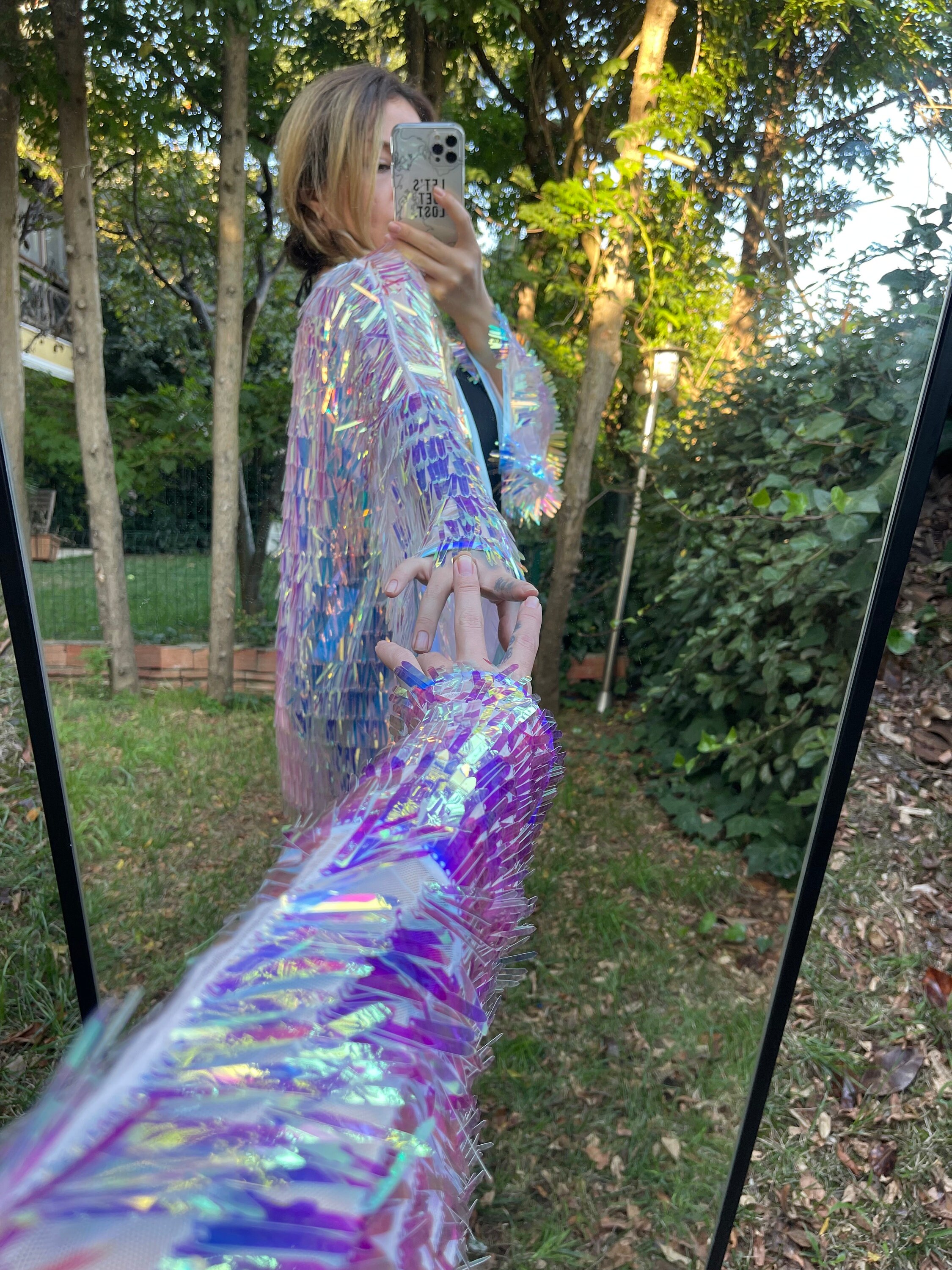 Unisex Iridescent Sword Sequin Kimono Holographic Rave Festival Outfit ...