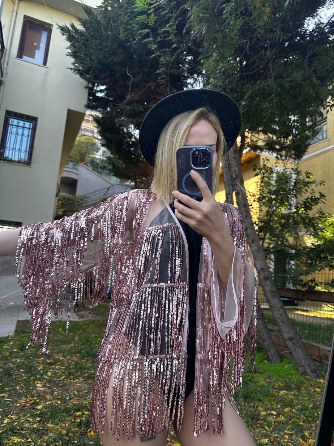 Women Tinsel Sequined Fringe Jacket Holographic Festival, Rave Outfit ...