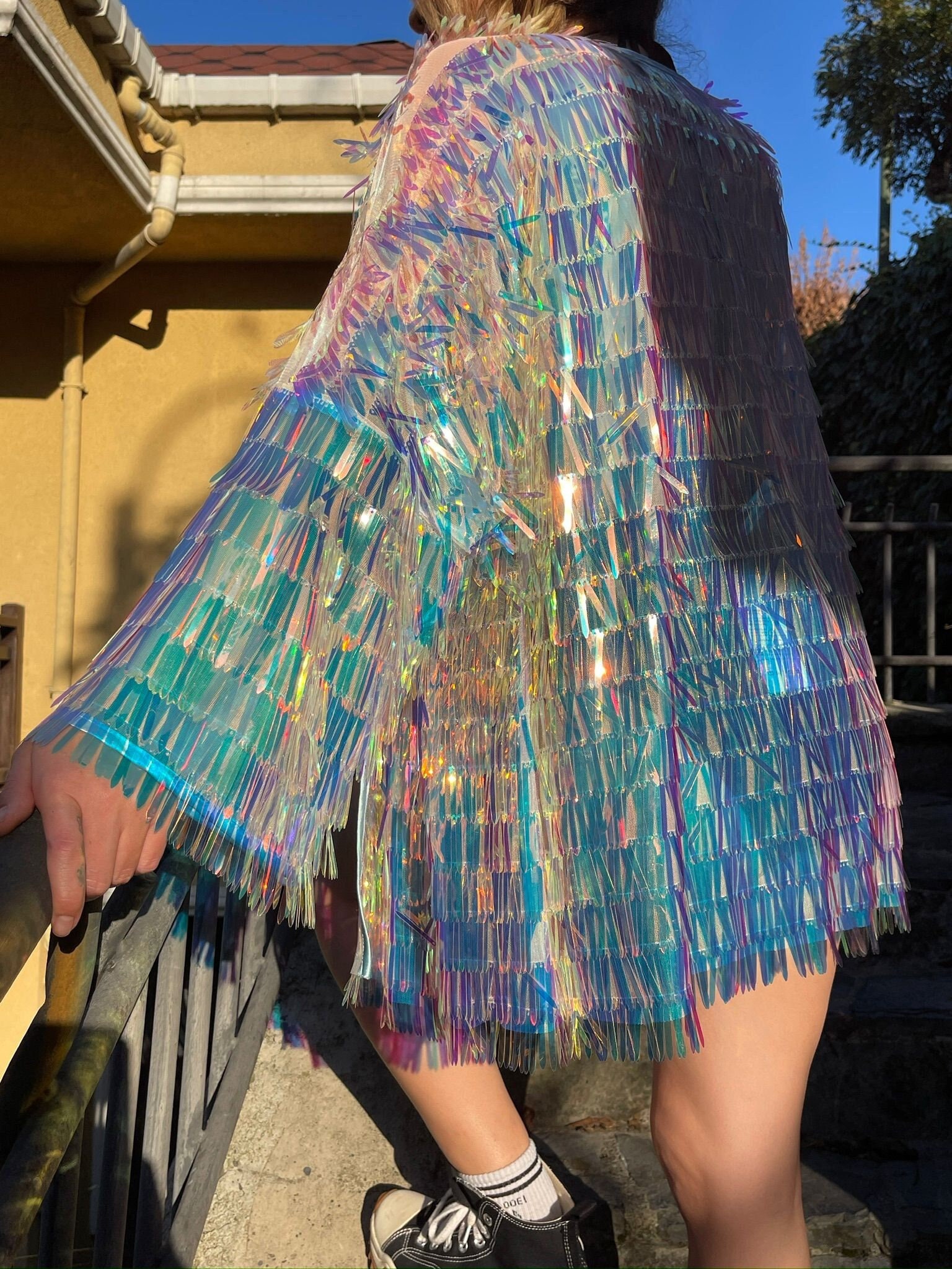 Unisex Iridescent Sword Sequin Kimono Holographic Rave Festival Outfit ...