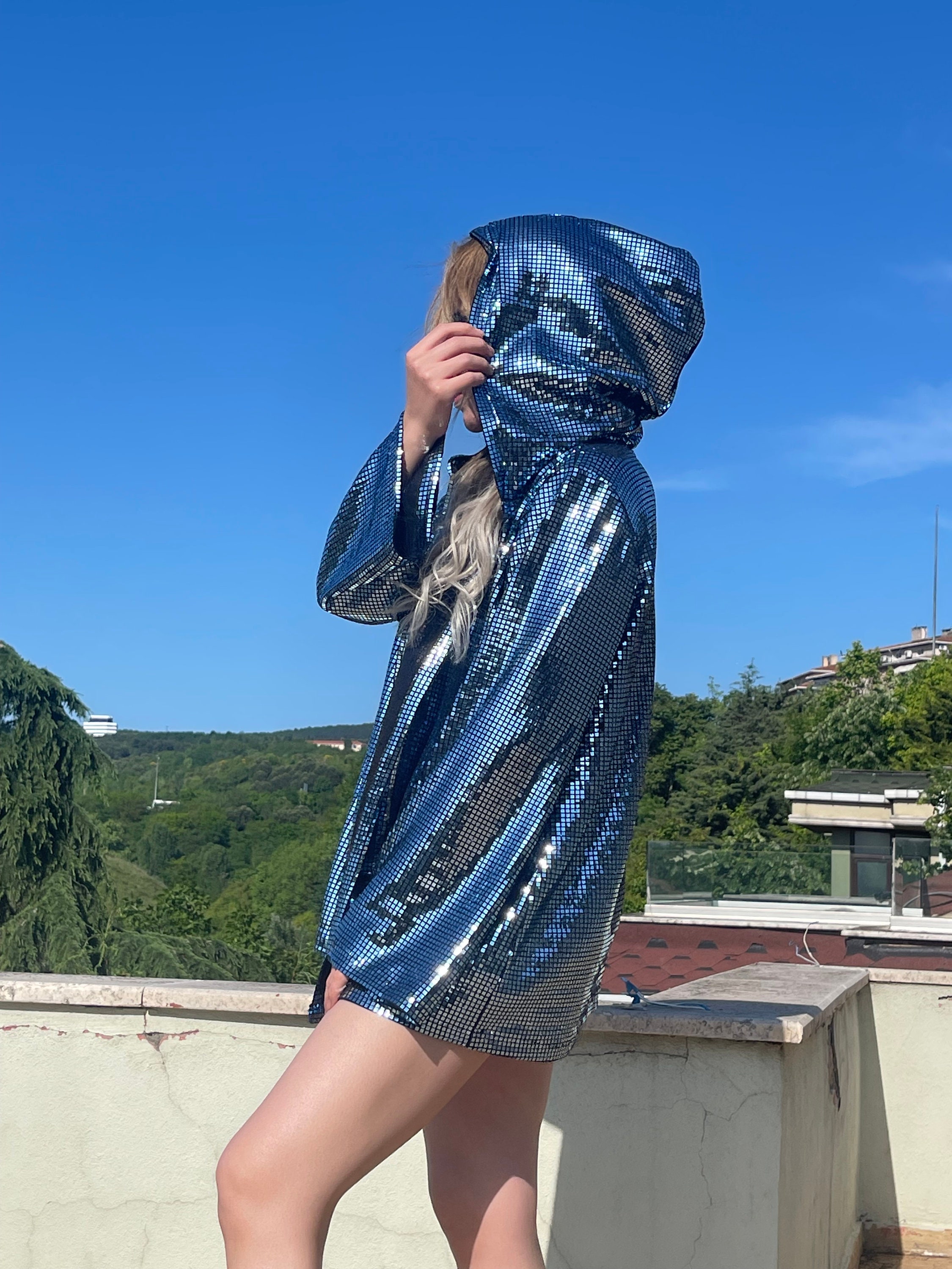 Unisex Holographic Sequin Kimono Rave Outfit Iridescent Sparkle Jacket ...