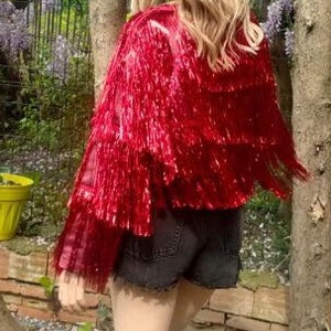 Tinsel Fringe Jacket Sparkly Red 70s 80s 90s Style Iridescent Festival ...