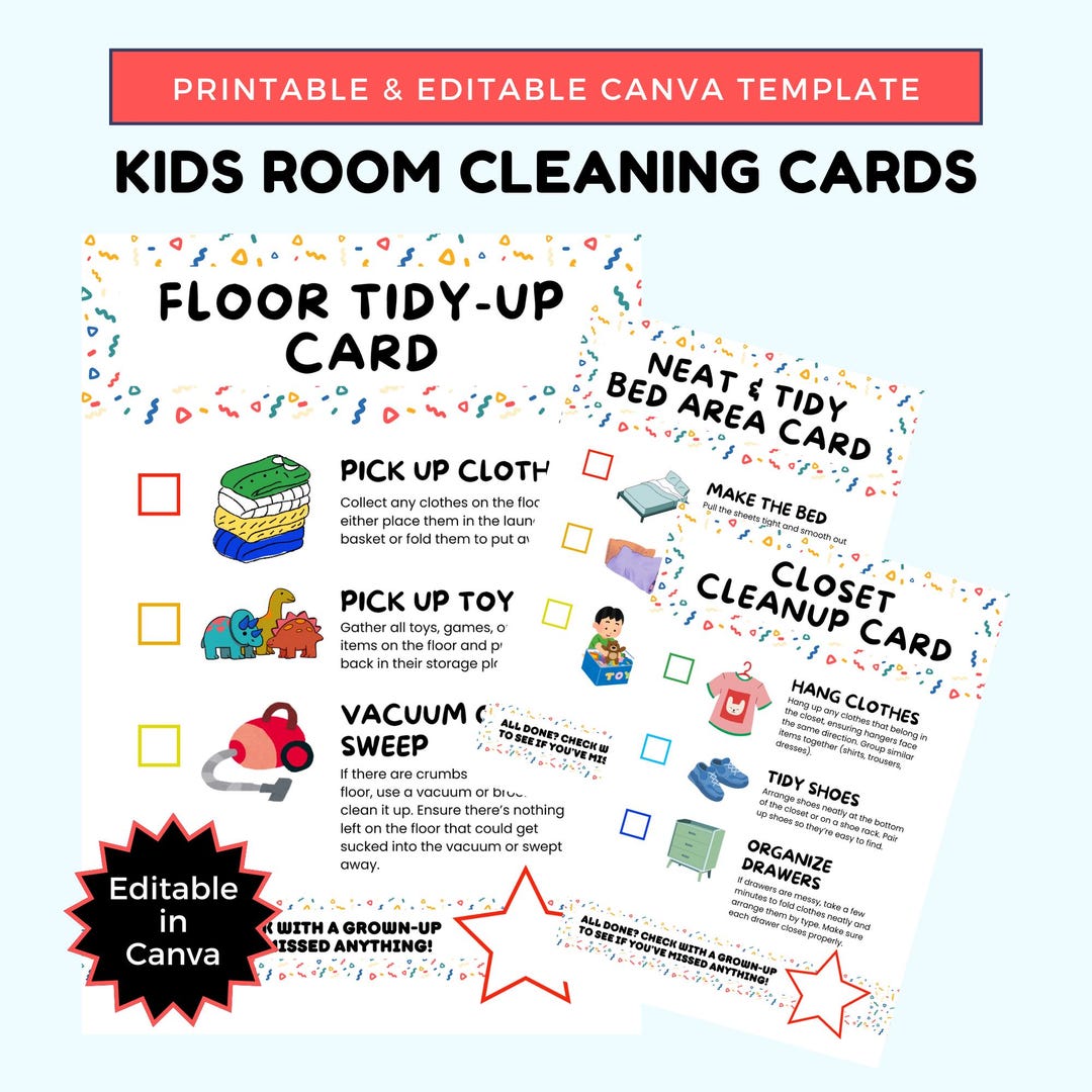 Editable Kids Cleaning Cards Printable Chore Cards Room by Room ...