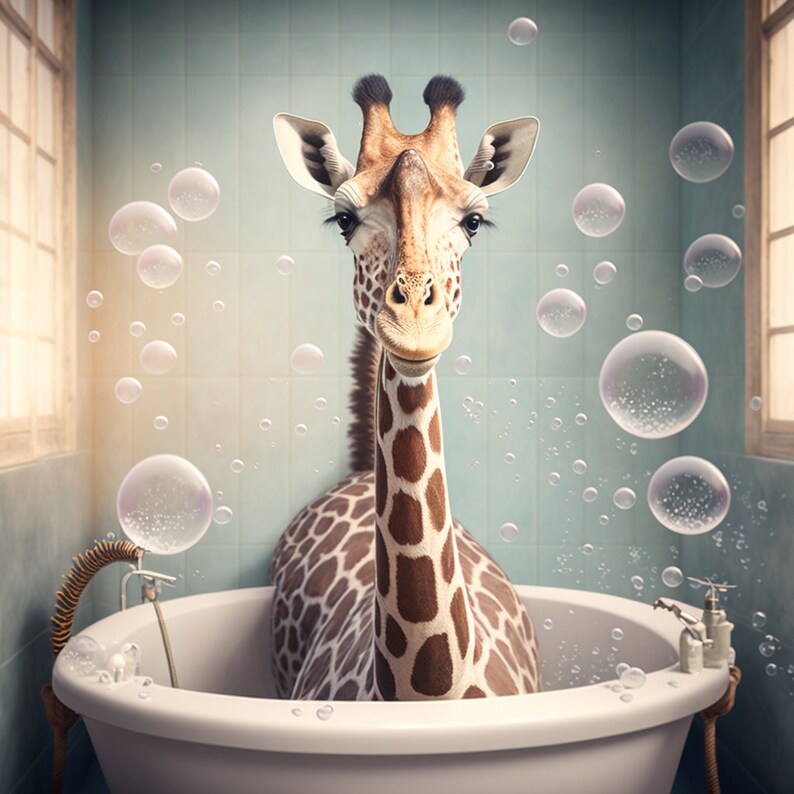 Giraffe Taking A Bath, Giraffe Printable Wall Art, Nursery Wall Decor ...