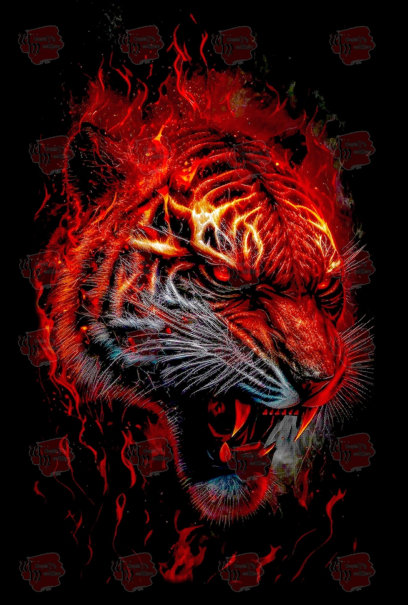 Halftone Flaming Tiger Head Png for Black T-shirt, Fire Tiger Halftone ...