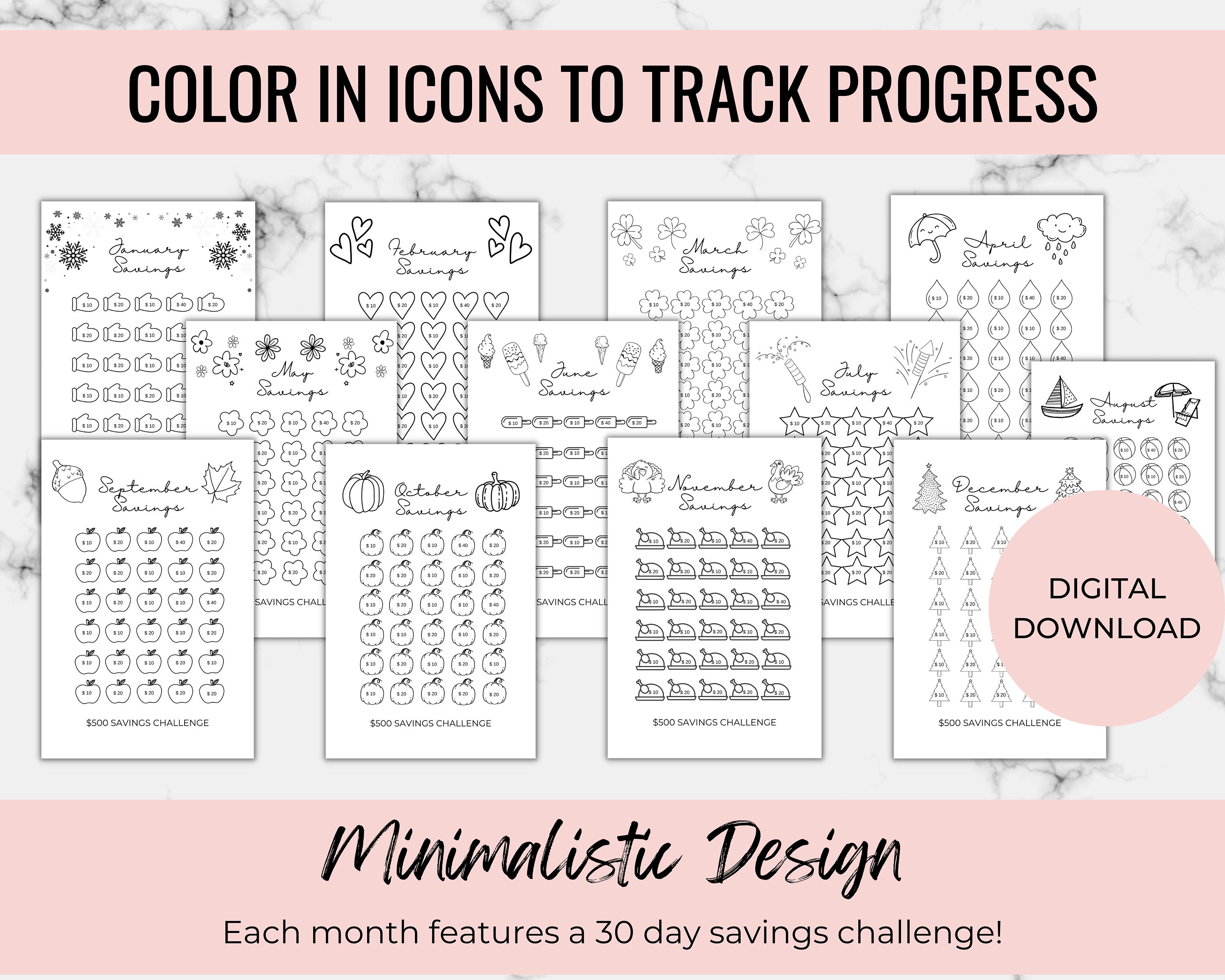 500 Dollar Monthly Savings Challenge Printable, Savings Tracker, PDF ...