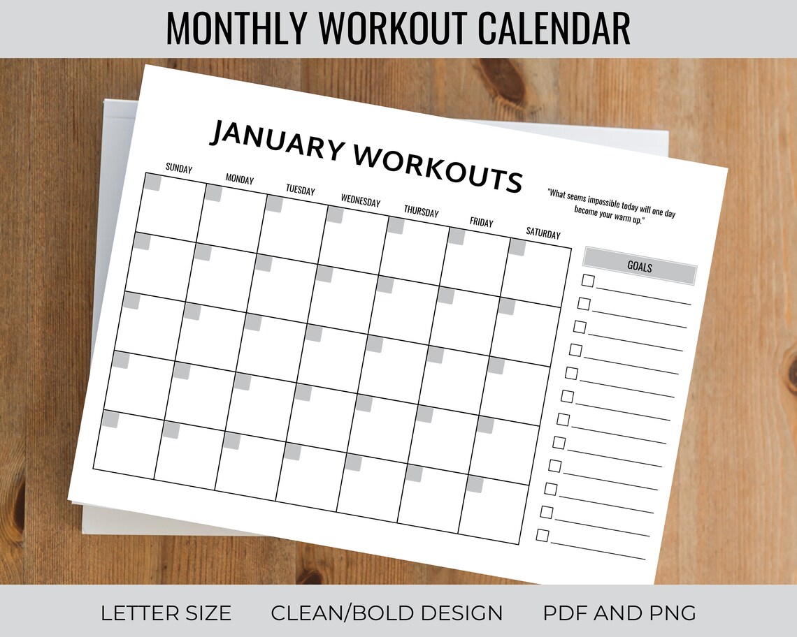 Undated Workout Calendar Printable, Fitness Planner, Gym Tracker ...