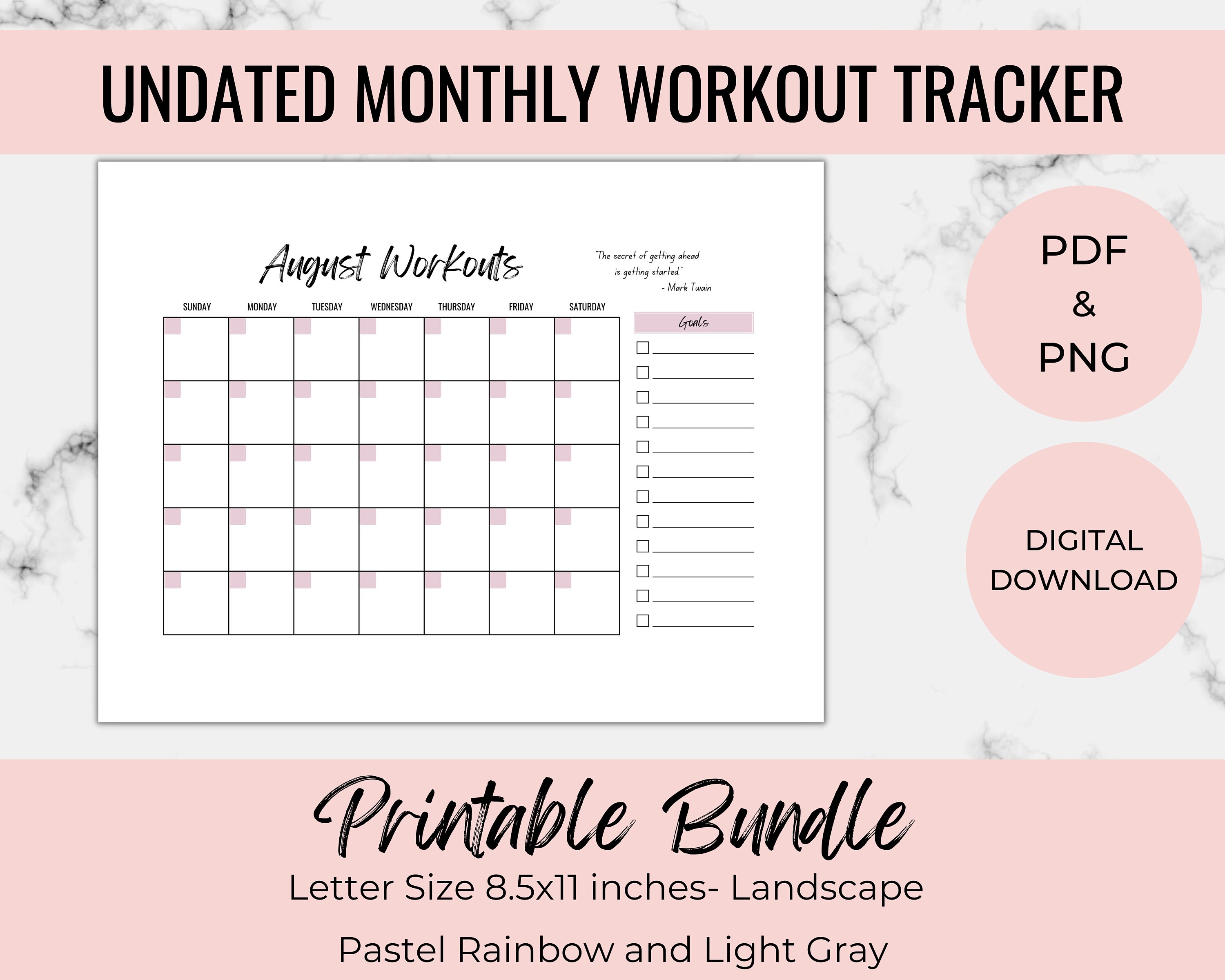 Undated Workout Calendar Printable, Monthly Fitness Planner, Gym ...