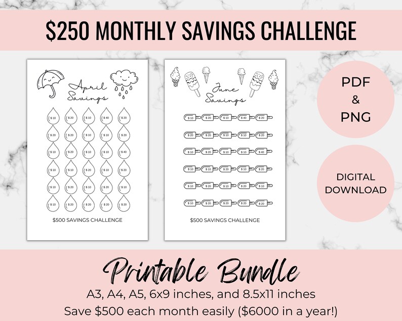 500 Dollar Monthly Savings Challenge Printable, Savings Tracker, PDF ...