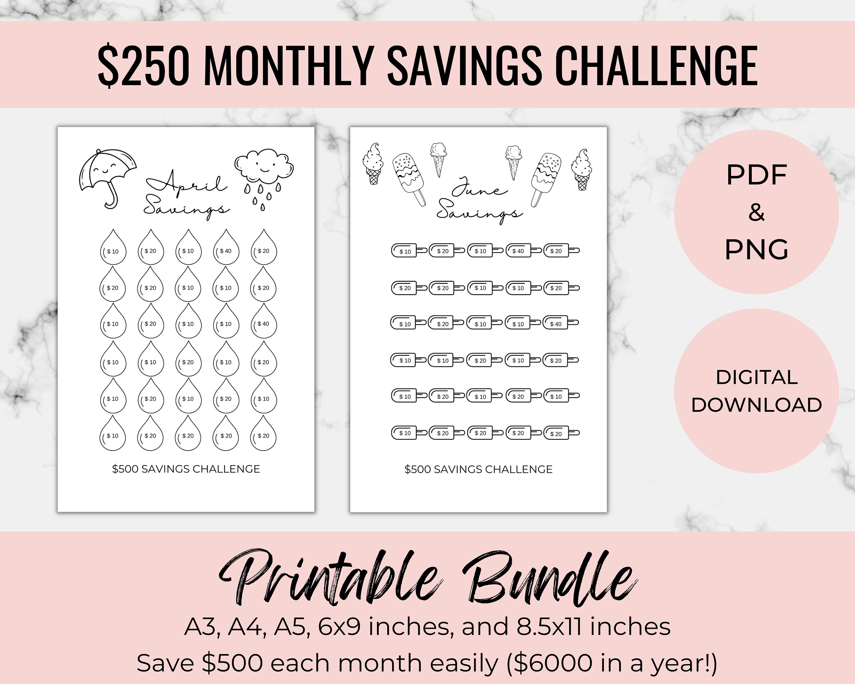 500 Dollar Monthly Savings Challenge Printable, Savings Tracker, PDF ...