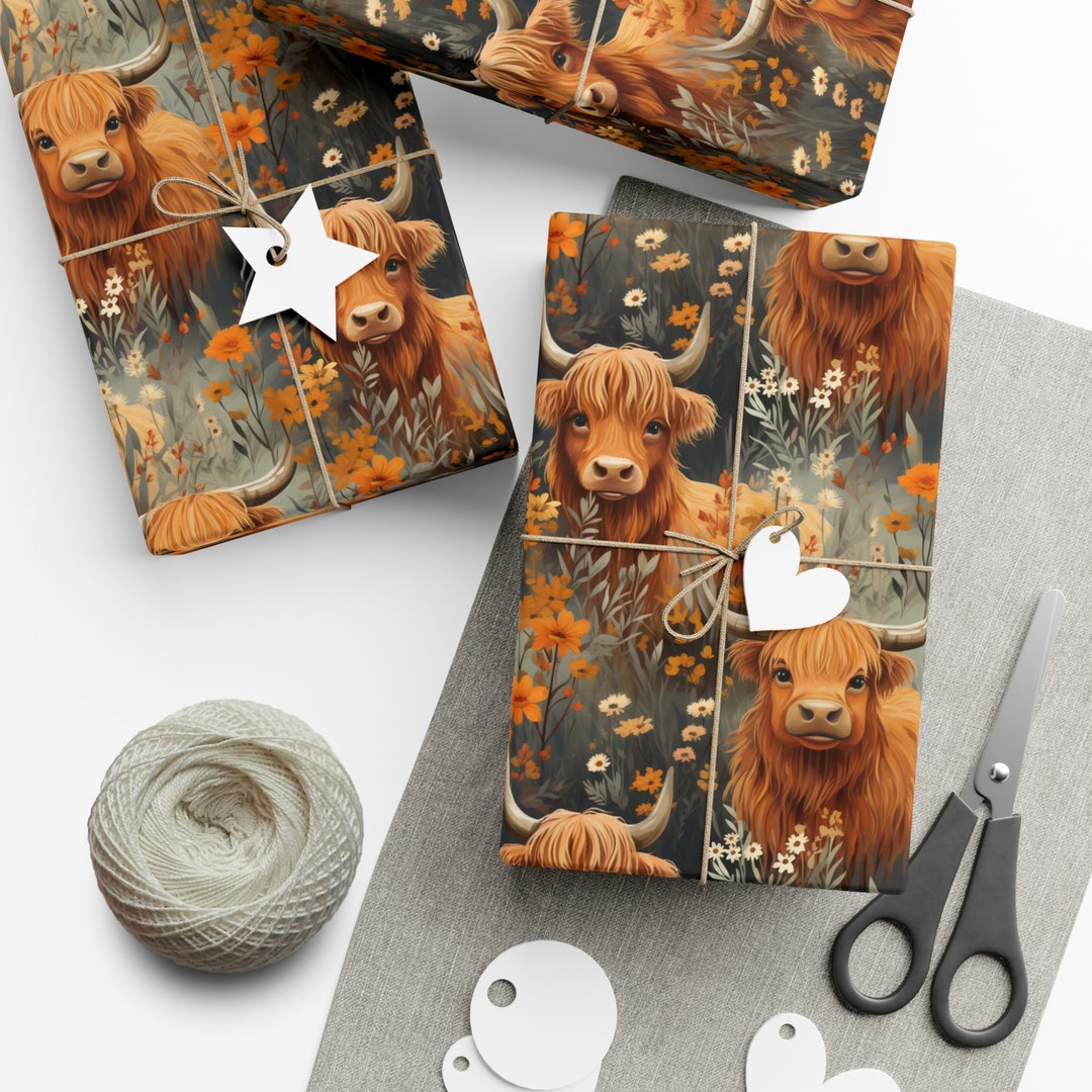Highland Cow Wrapping Paper Christmas Present Wooly Cows Illustrated ...