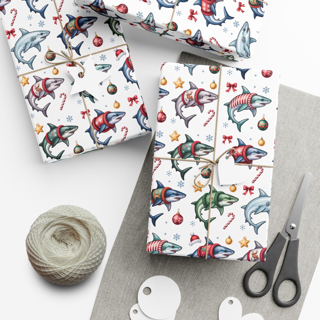 Christmas Sharks Wrapping Paper, Holiday Gift Wrap, Cute Sharks With ...