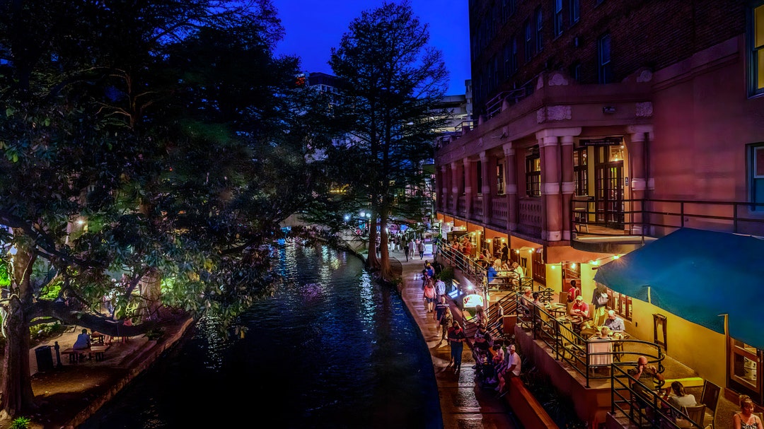 Colorful Riverwalk Night Photography Canvas Print, Majestic Evening ...